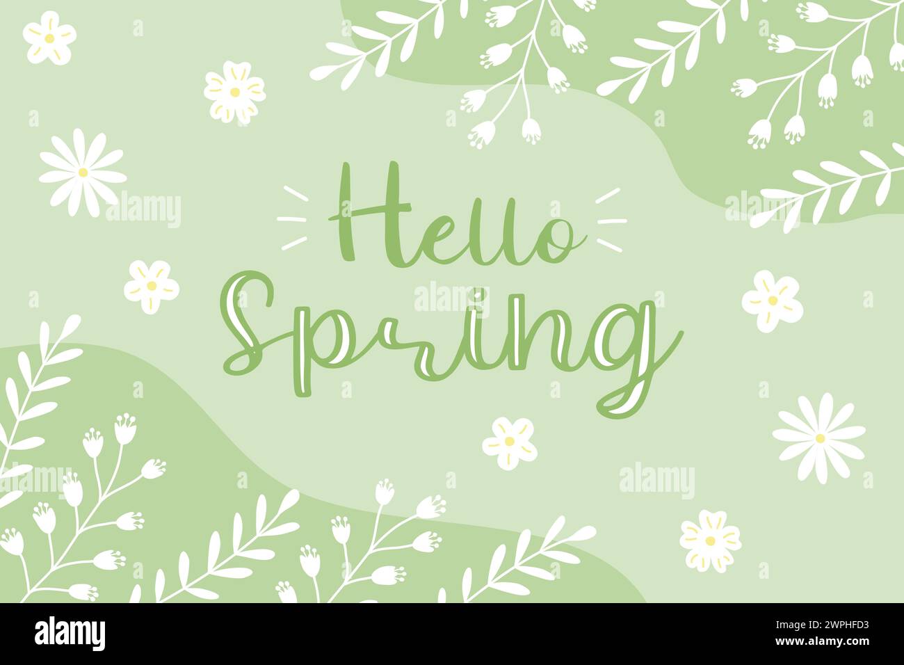 Hello Spring background or greeting card with branches, flowers and ...