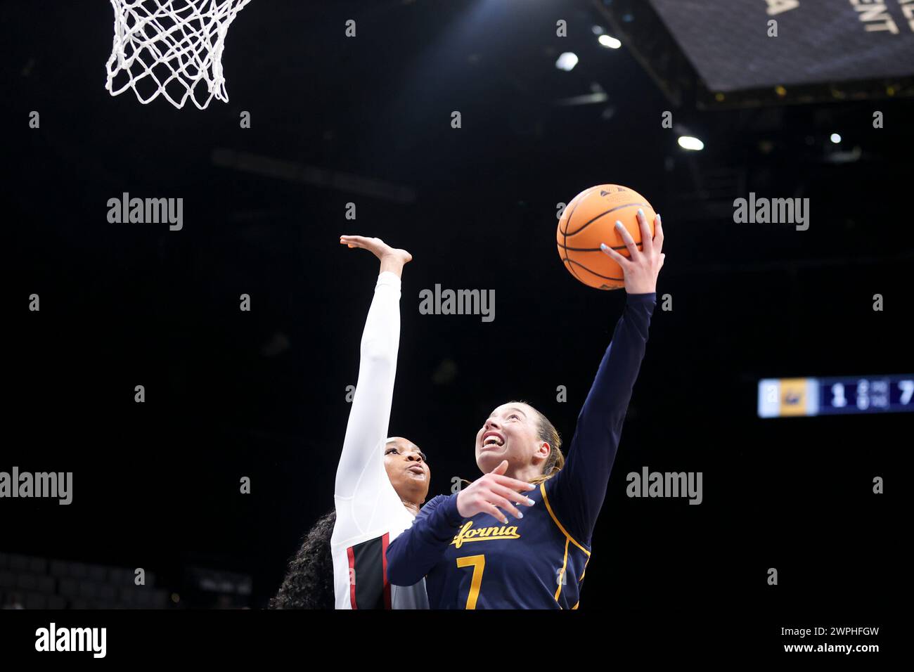 California forward Marta Suarez (7) shoots over Stanford forward Kiki ...