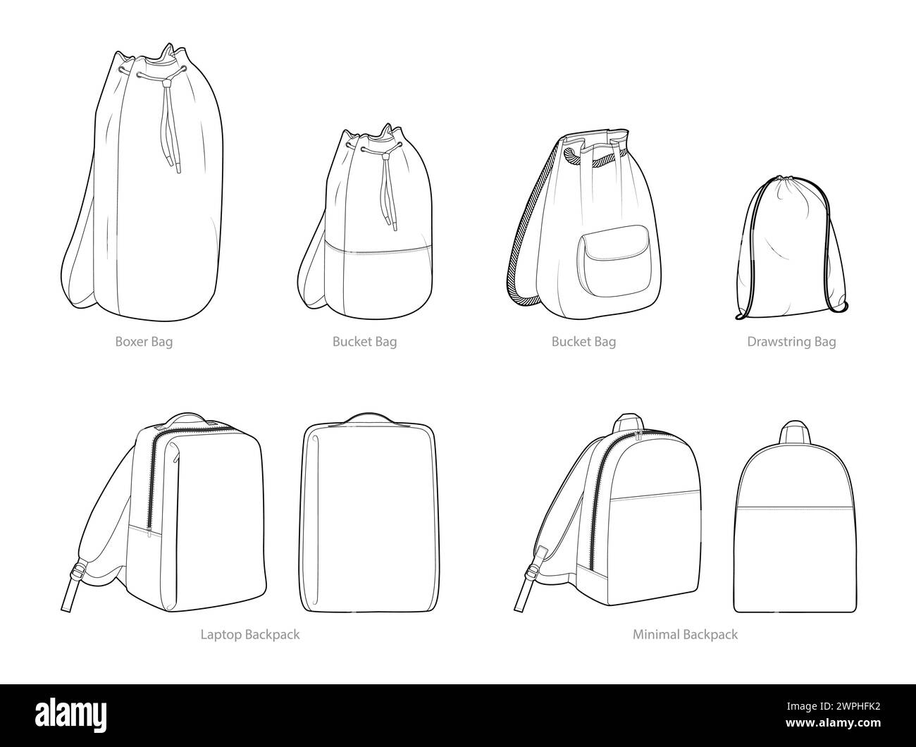 Set of minimal, drawstring backpacks silhouette bags. Fashion accessory ...