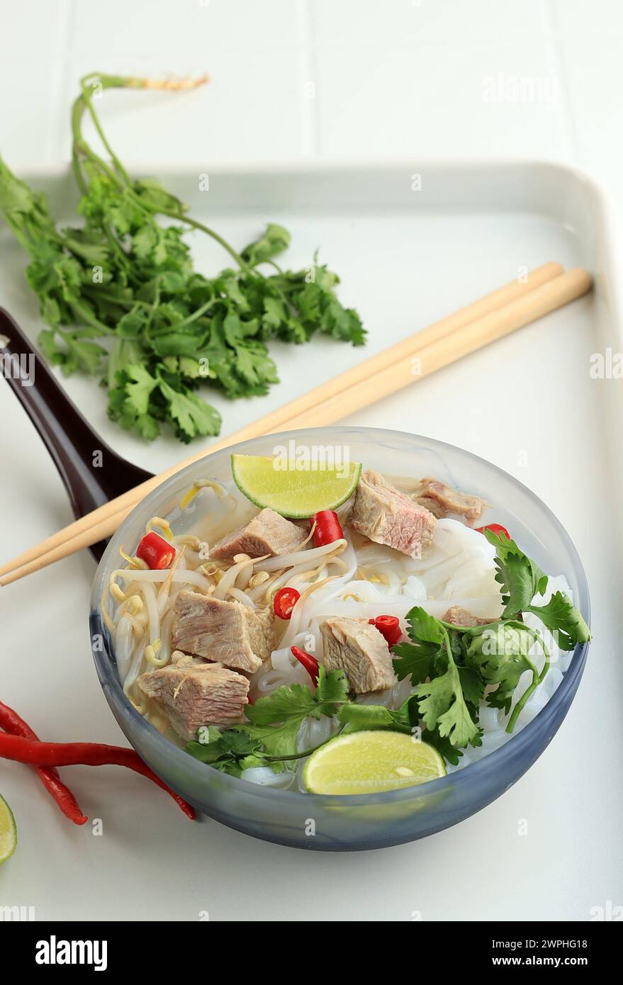 Pho Bo, Vietnamese Fresh Rice Noodle Soup with Sliced Beef, Herbs, and ...
