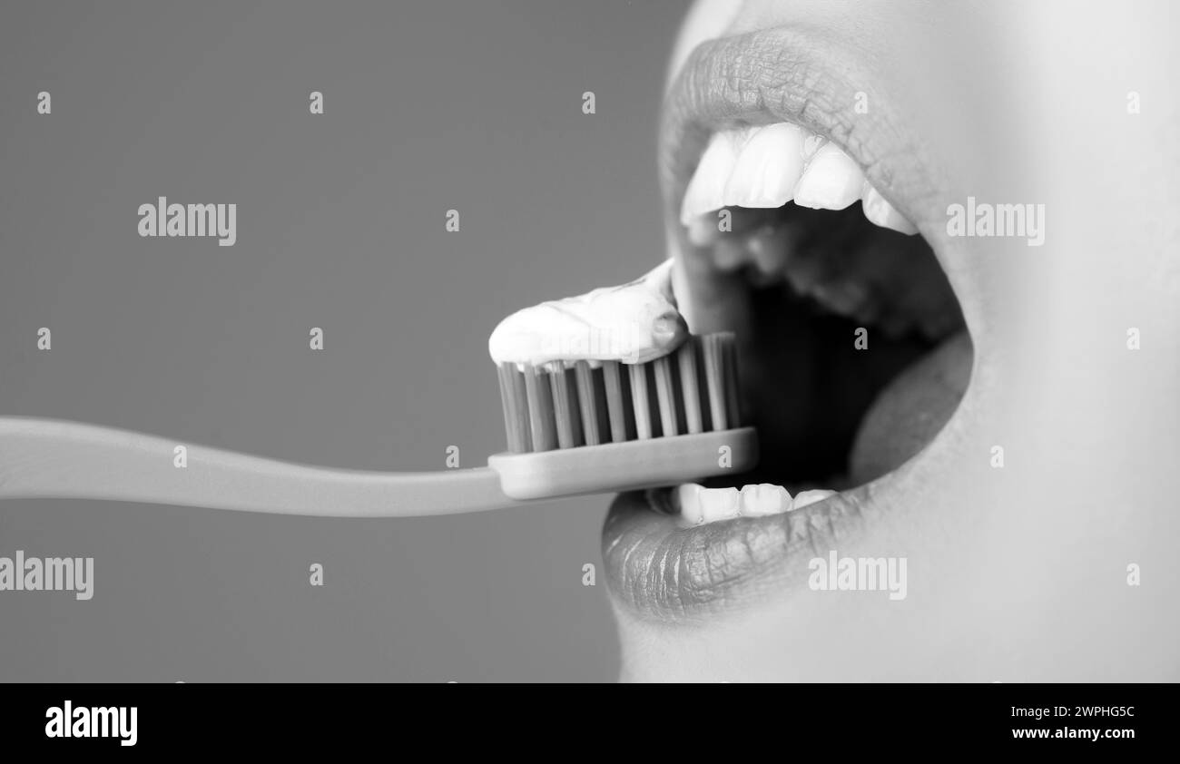 Brushing teeth close up. Woman with toothbrush closeup. Dental Care ...