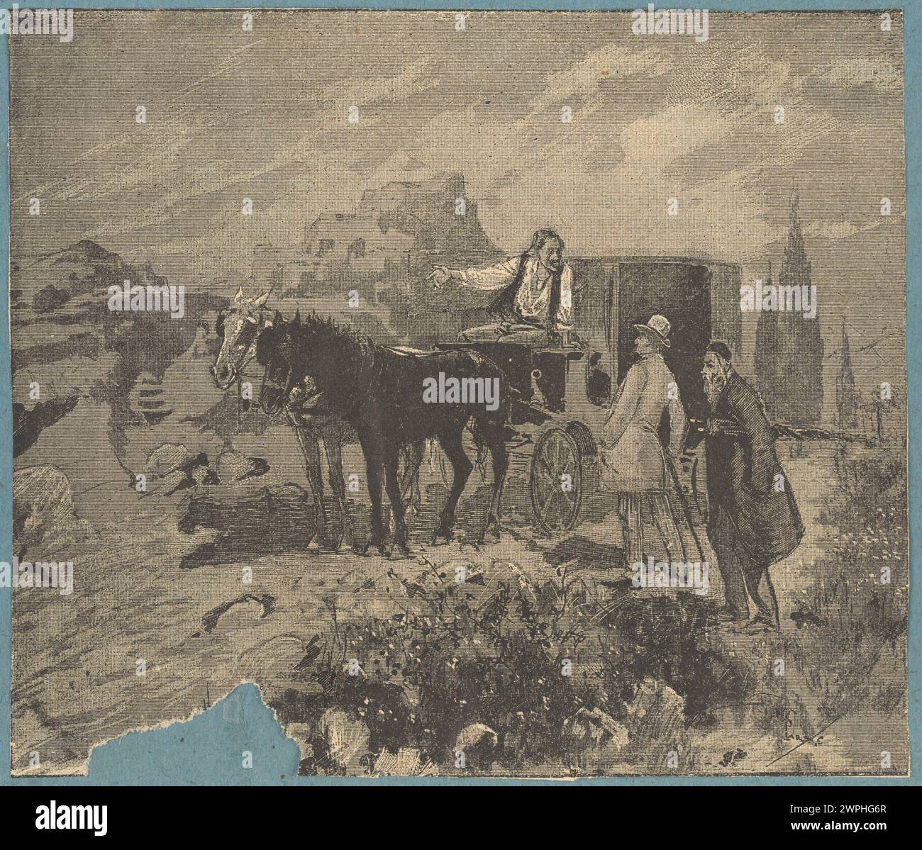 Scene showing two figures meeting on a road, illustrating social ...