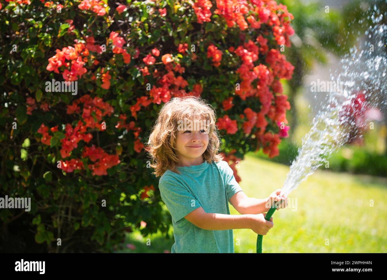 Boy watering plants in garden. The concept of child kindness and ...