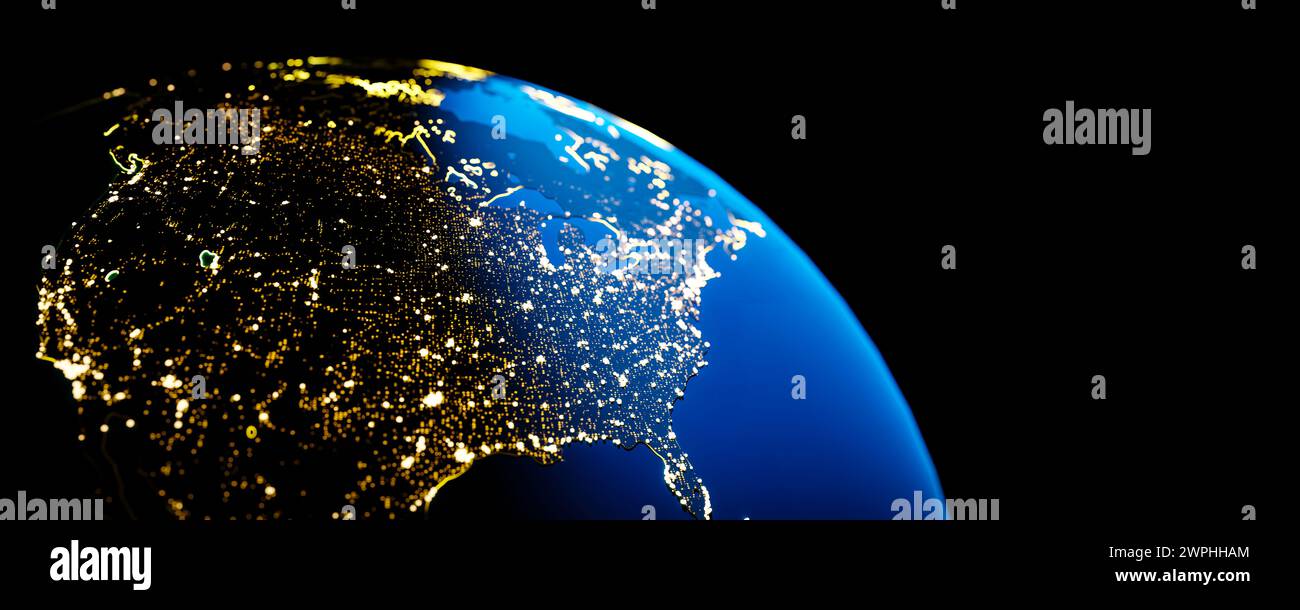 Conceptual background of the night view of US from space. 3d rendering ...