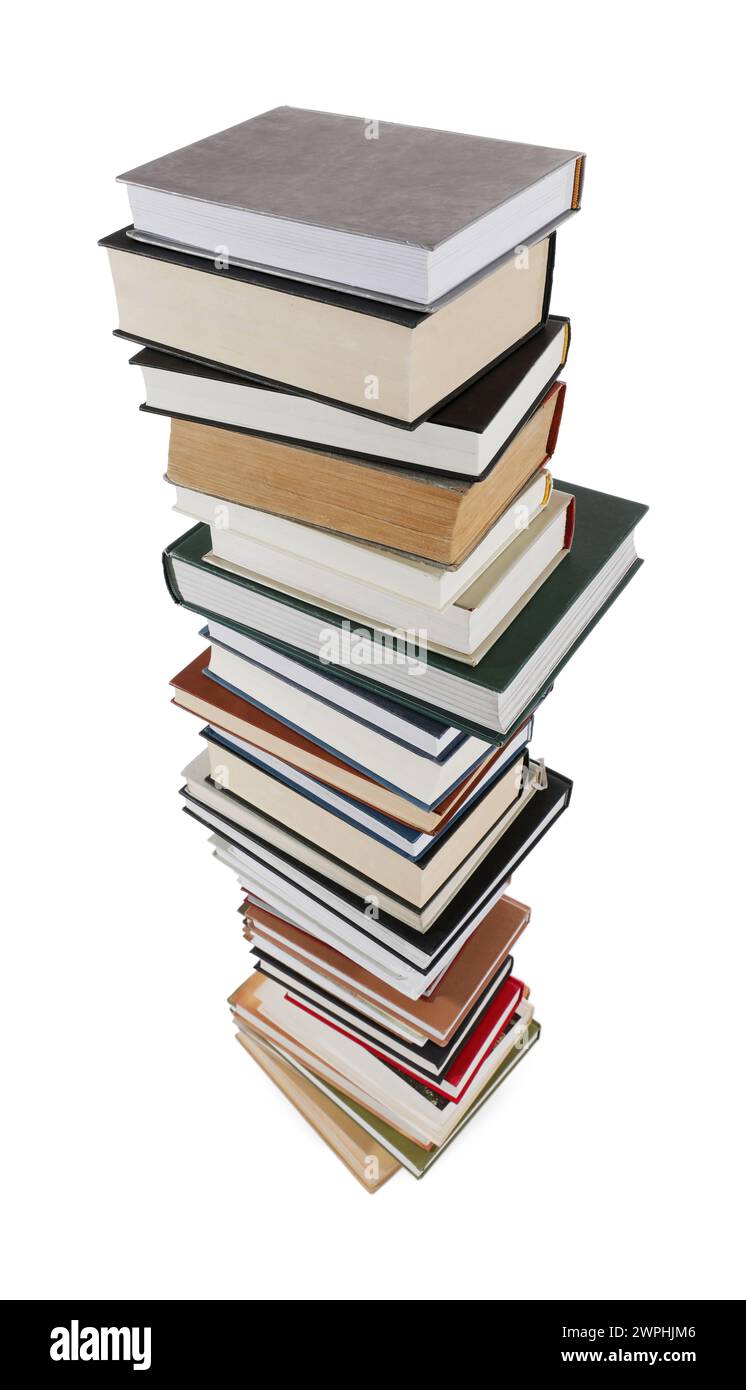 Stack of many different books isolated on white Stock Photo - Alamy