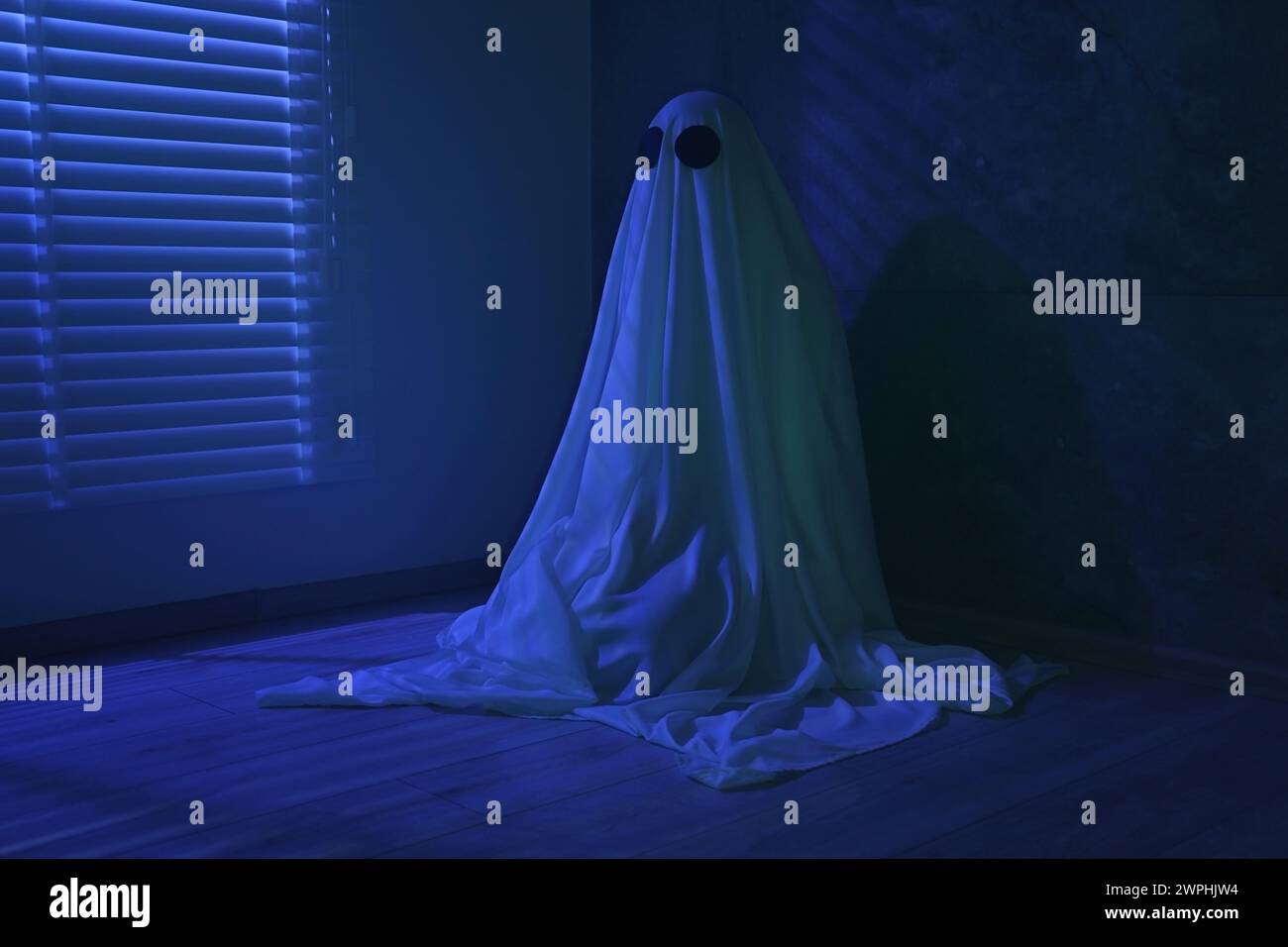 Creepy ghost. Woman covered with sheet near window in blue light Stock ...