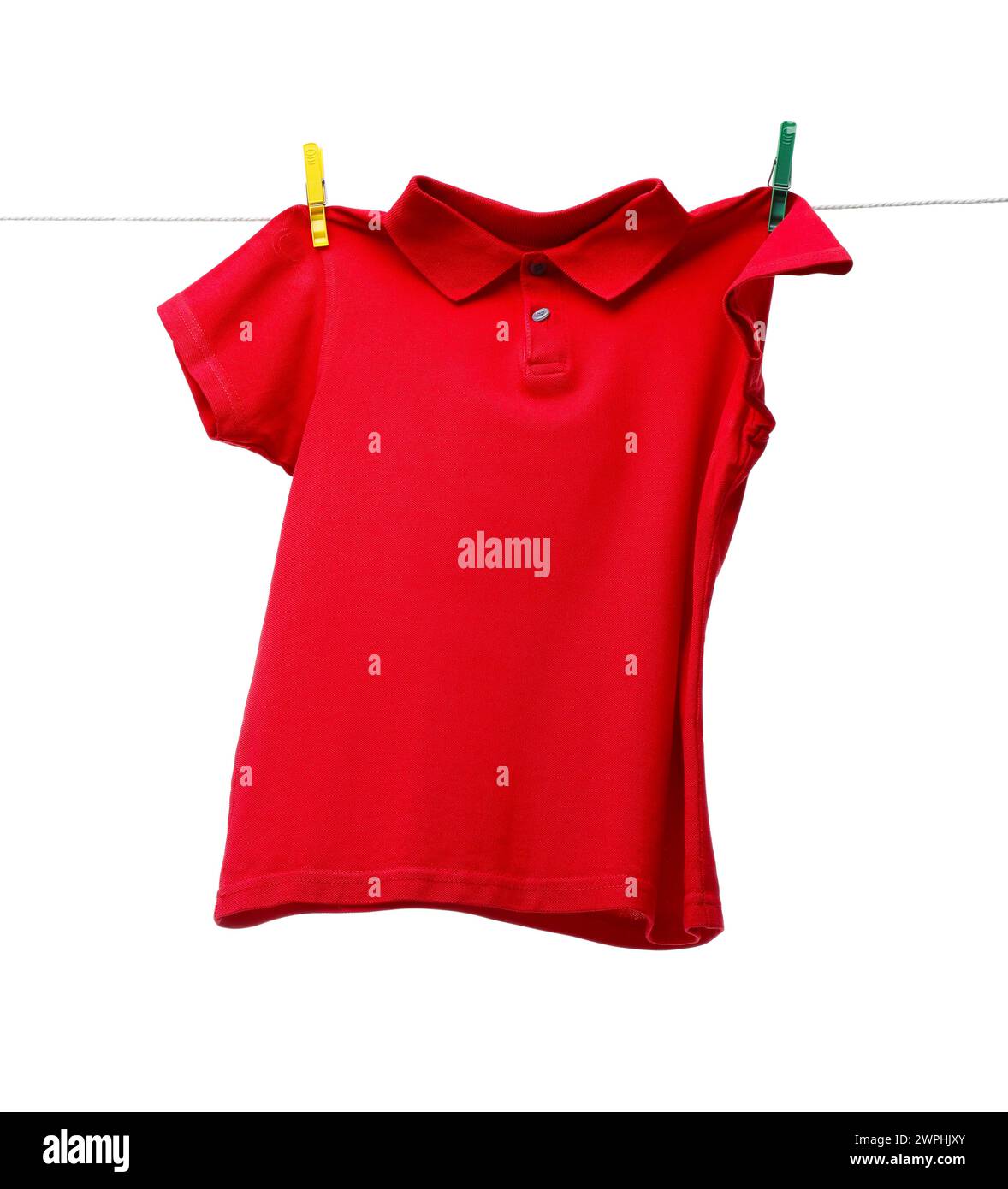 One red t-shirt drying on washing line isolated on white Stock Photo ...