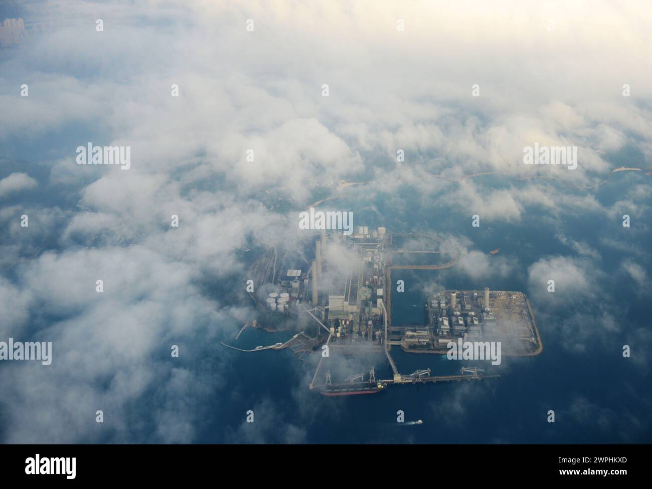 Aerial view of the HK Electric power station on Lamma Island, Hong Kong ...