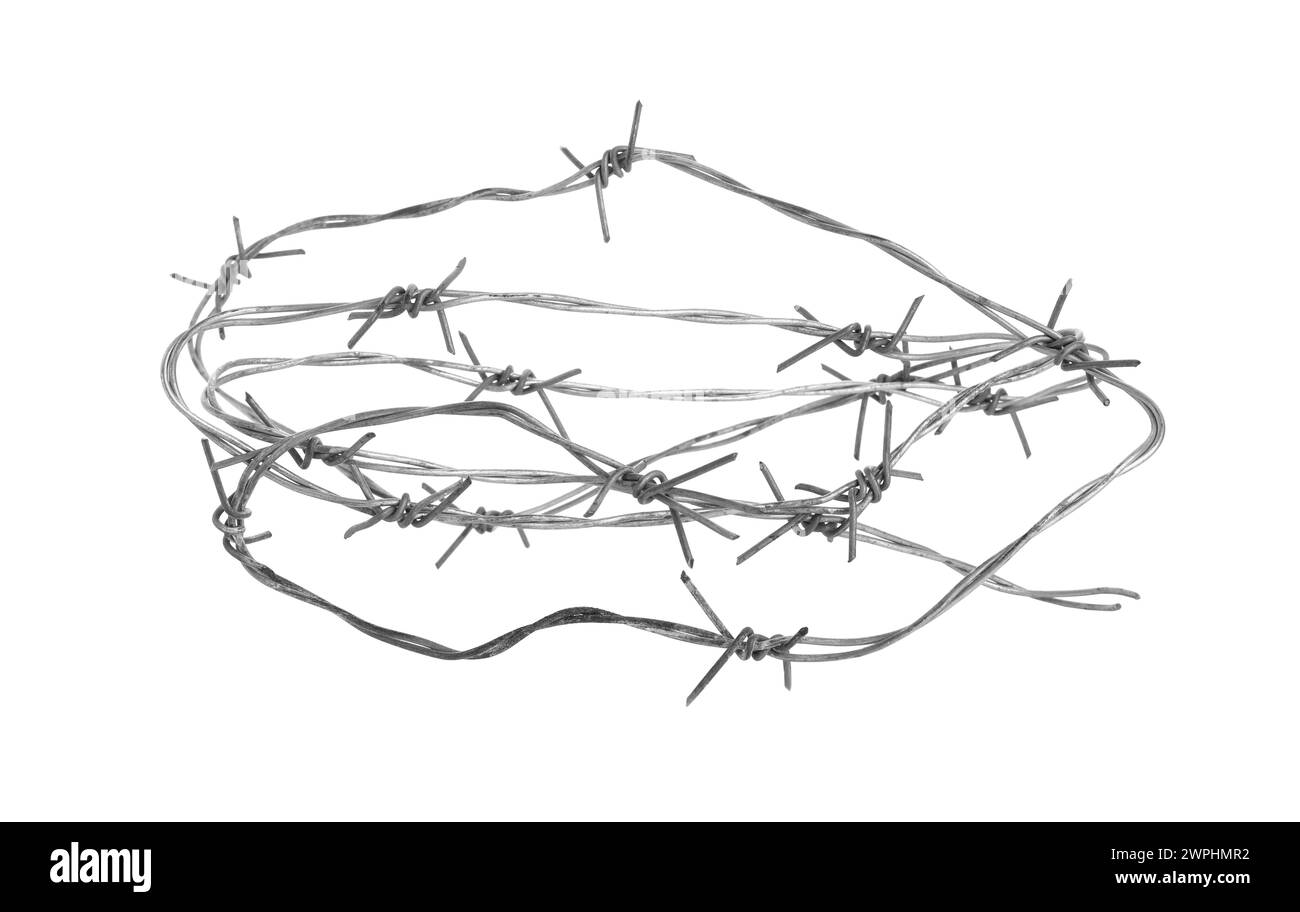 Shiny metal barbed wire isolated on white Stock Photo - Alamy