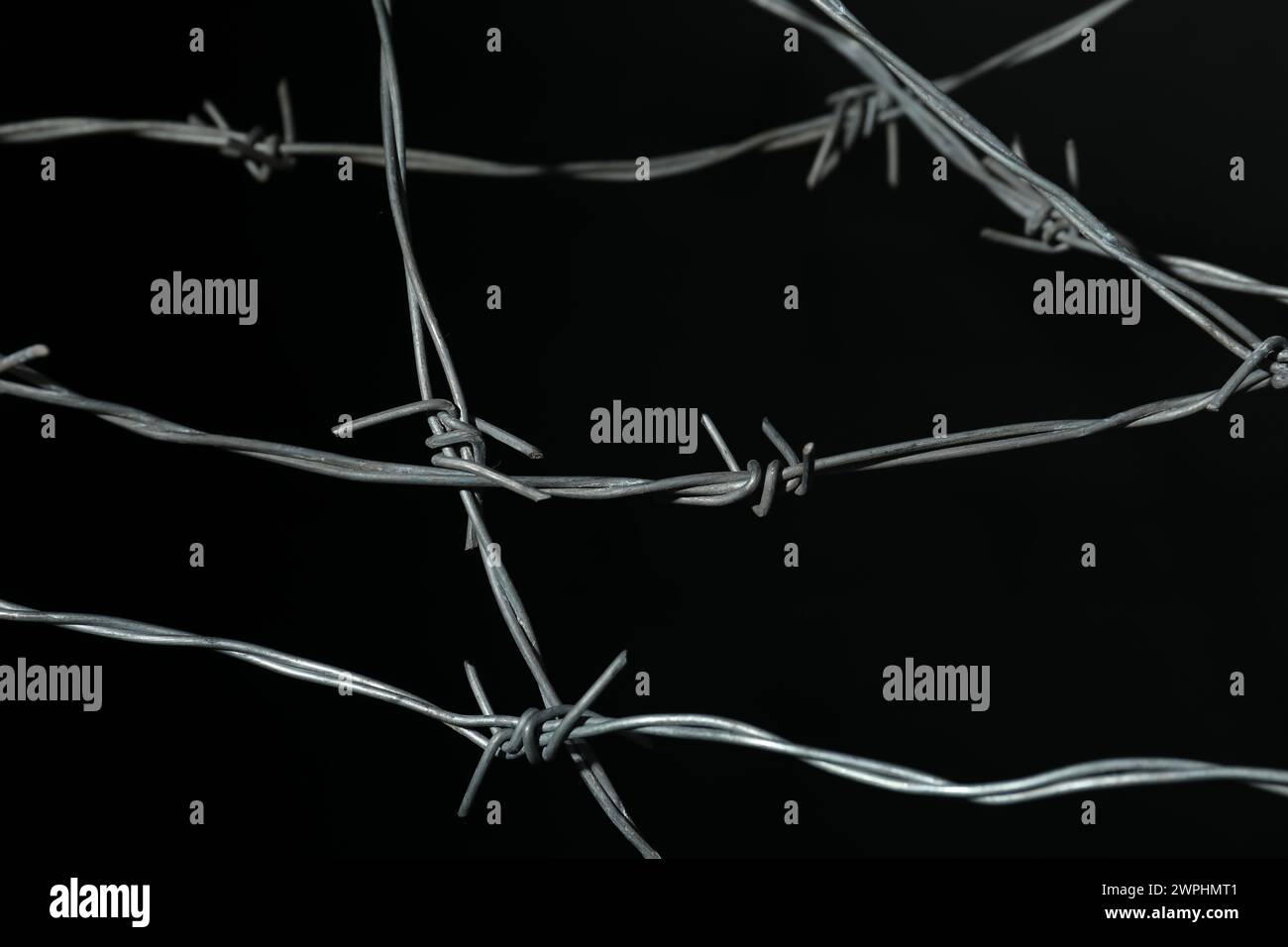 Shiny metal barbed wire on black background Stock Photo - Alamy