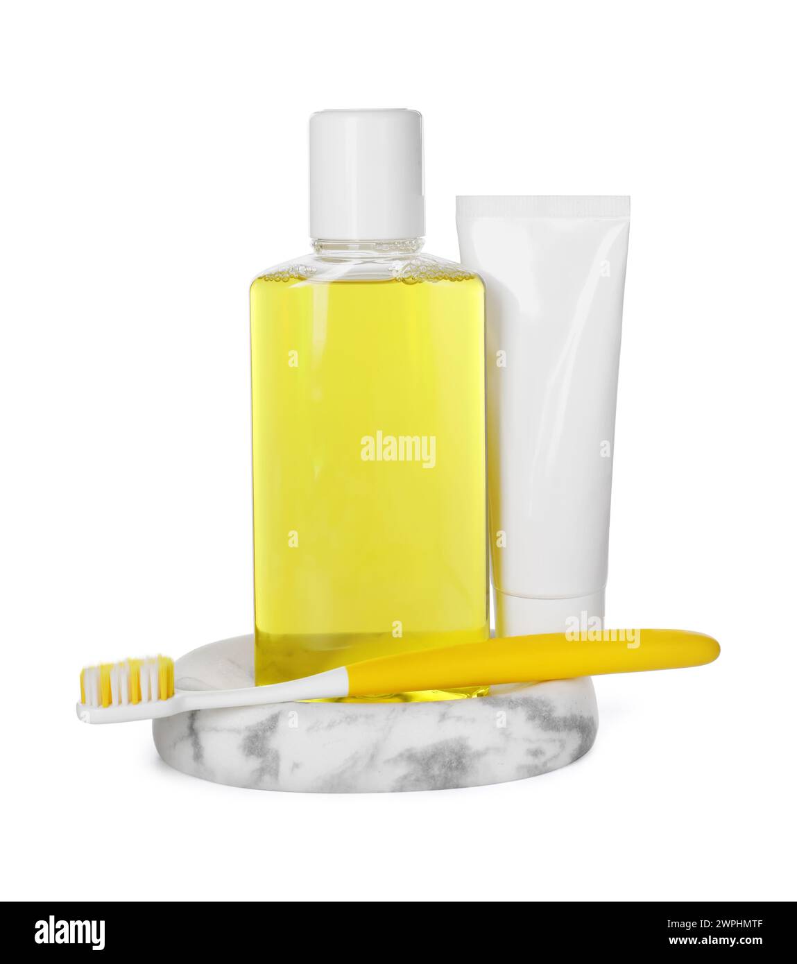 Mouthwash, toothbrush and toothpaste isolated on white Stock Photo - Alamy