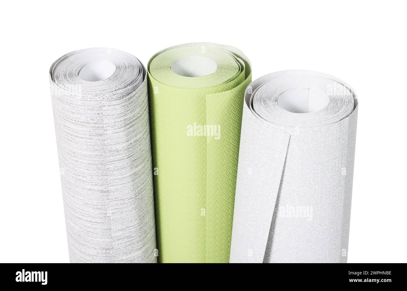 Three different wallpaper rolls isolated on white Stock Photo - Alamy