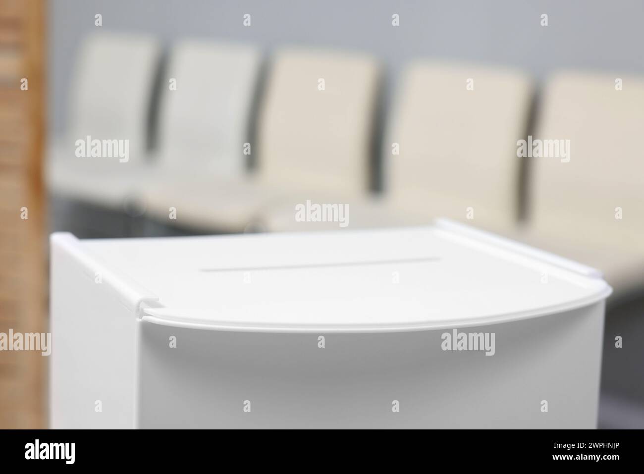 White ballot box on blurred background, closeup. Space for text Stock ...