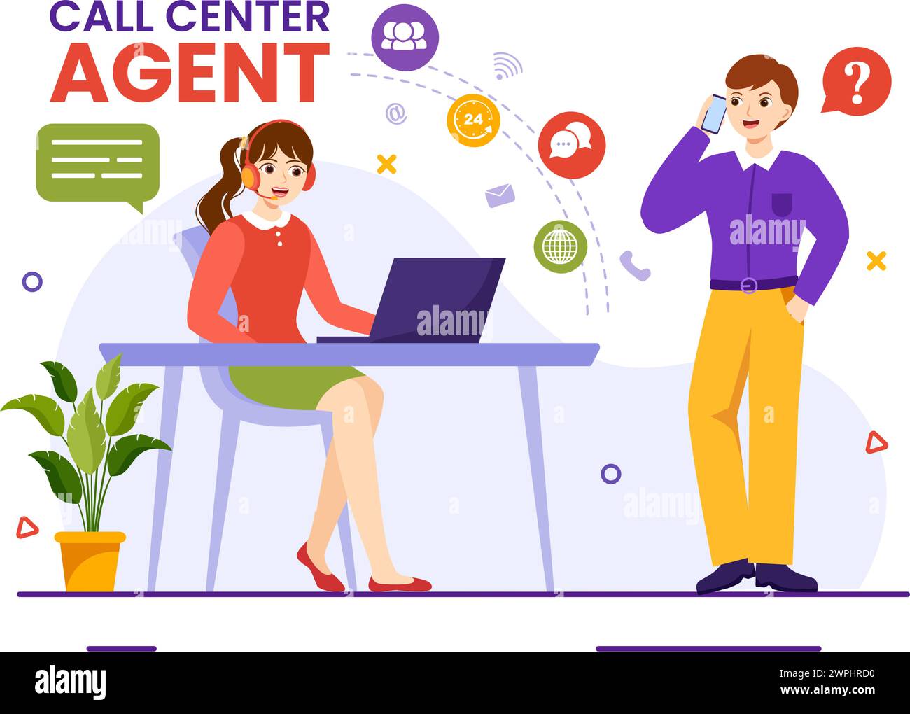 Call Center Agent Vector Illustration of Customer Service or Hotline Operator with Headsets and ...