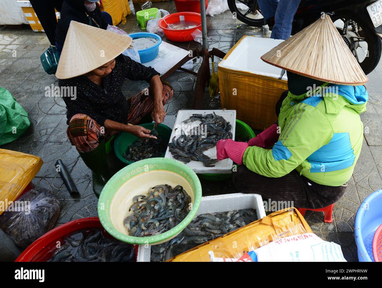 Vietnamese women selling fresh seafood at the central market in Hoi An ...