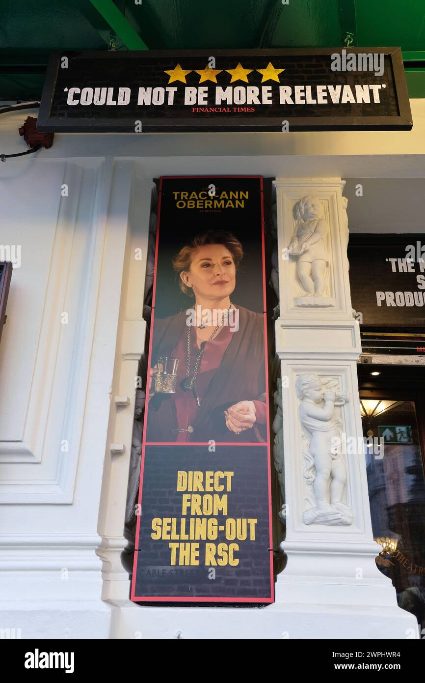 London, UK. Signage advertising current production, The Merchant of ...