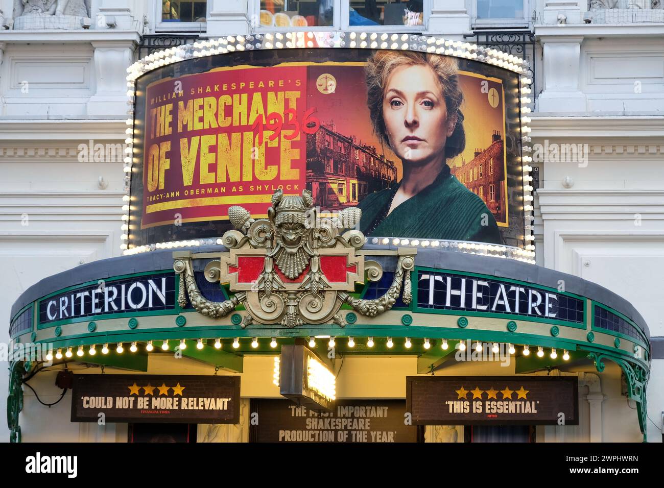 London, UK. Signage advertising current production, The Merchant of ...
