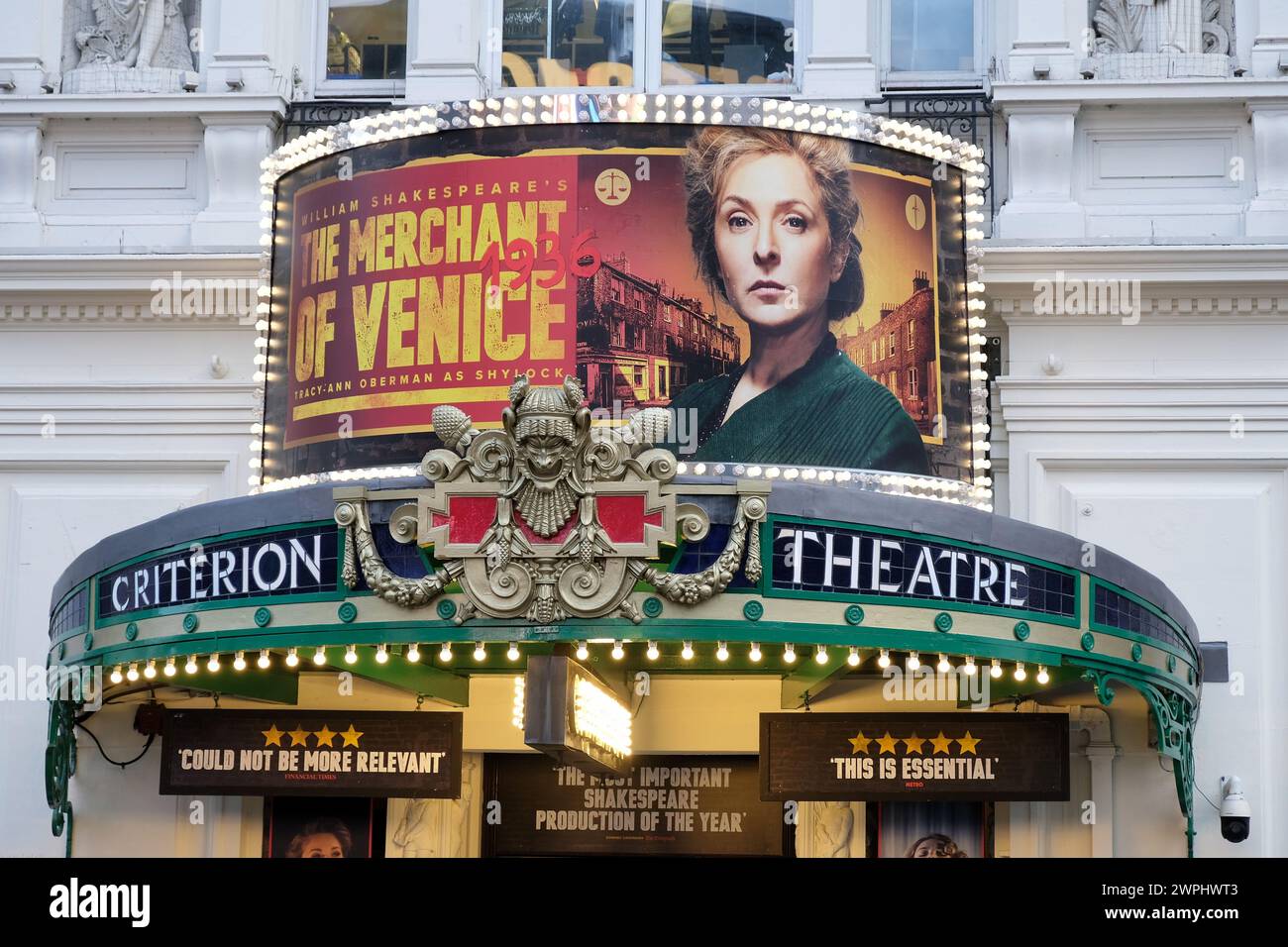 London, UK. Signage advertising current production, The Merchant of ...
