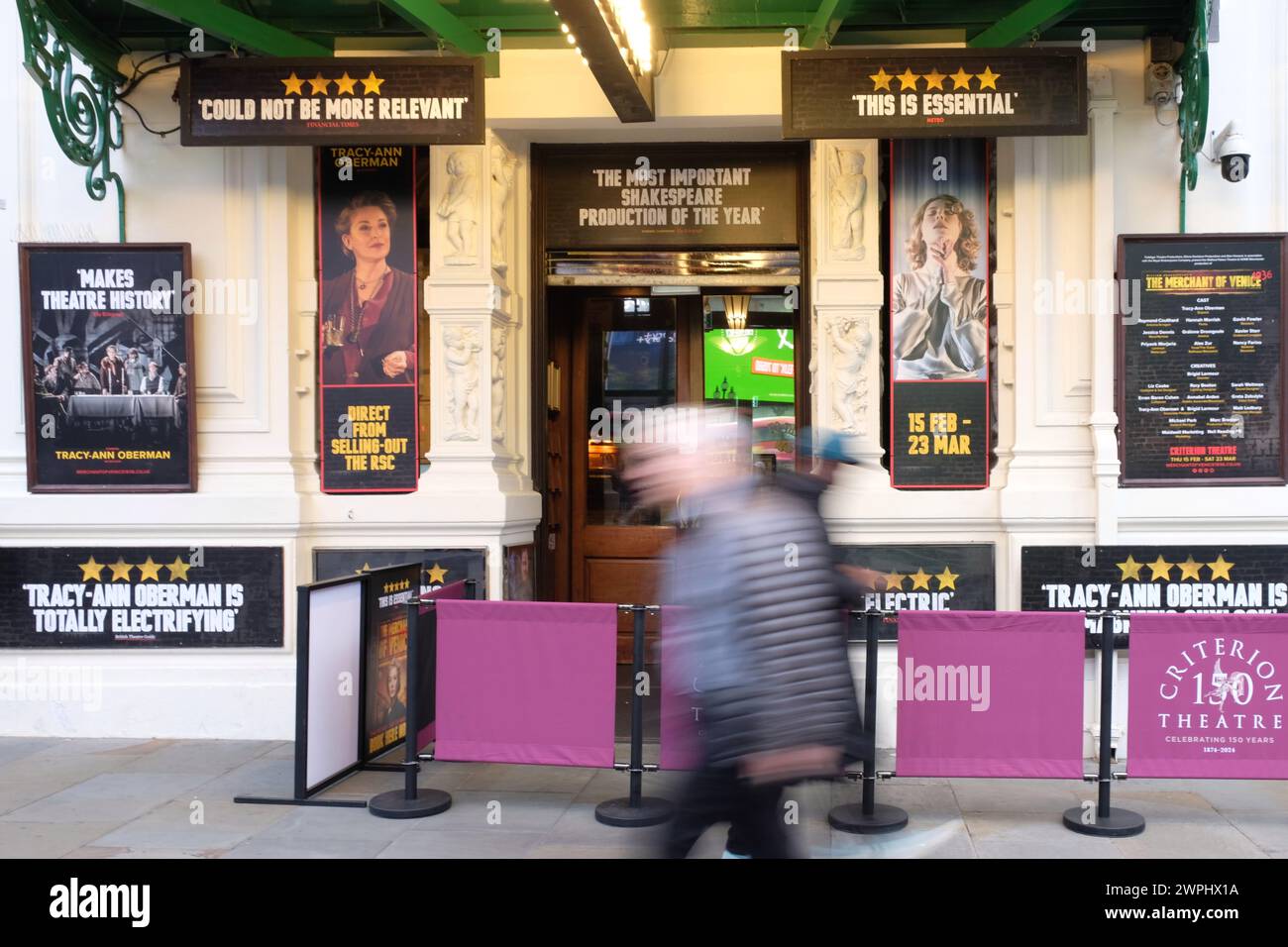 London, UK. Signage advertising current production, The Merchant of ...