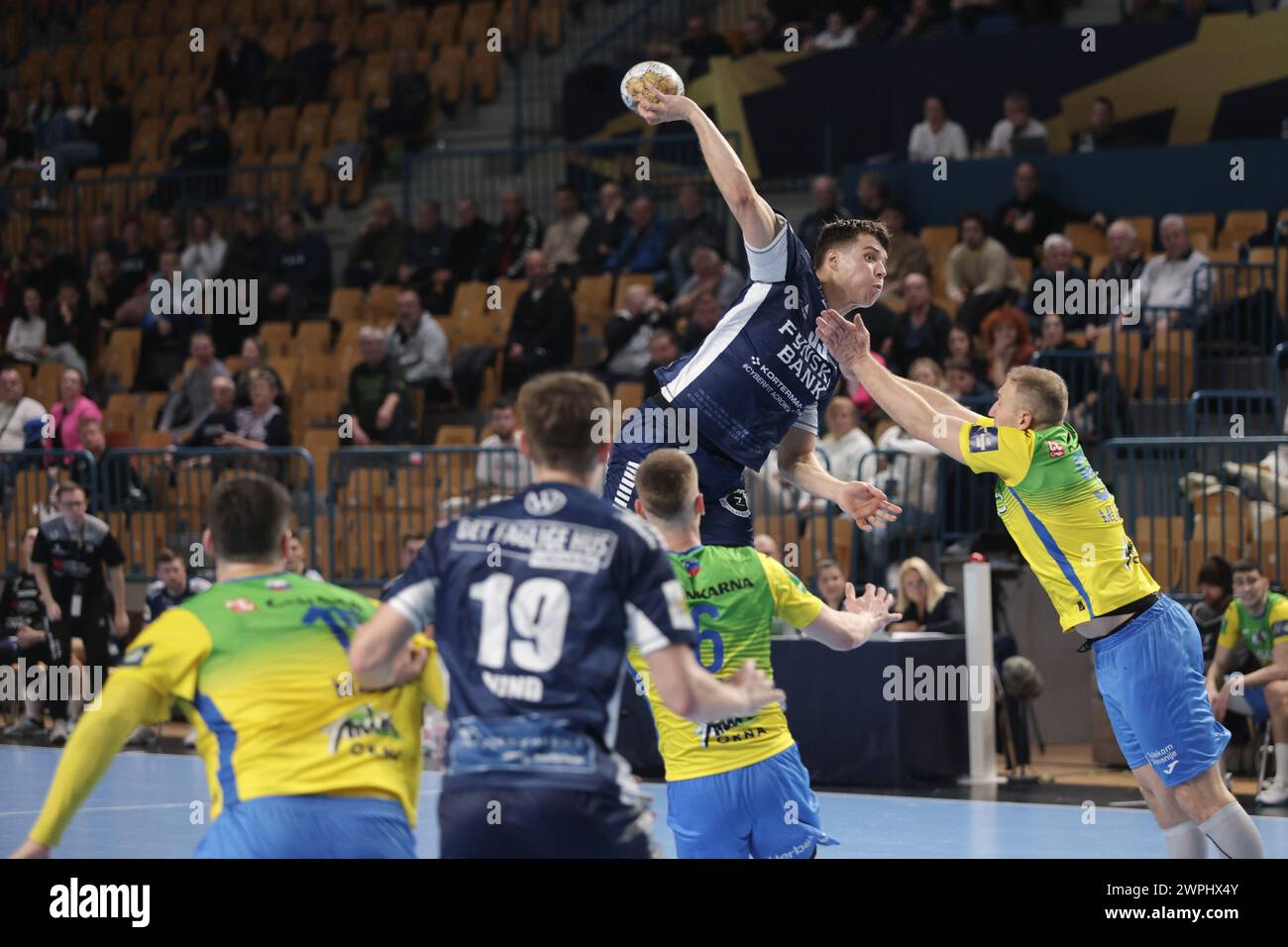 Celje, Slovenia. 7th Mar, 2024. Hans Aaron Mensing (top) of GOG shoots ...