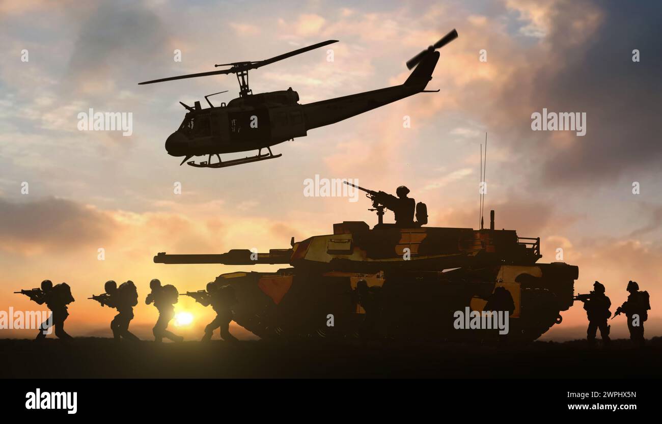 Military operation with helicopter and tank support Stock Photo - Alamy