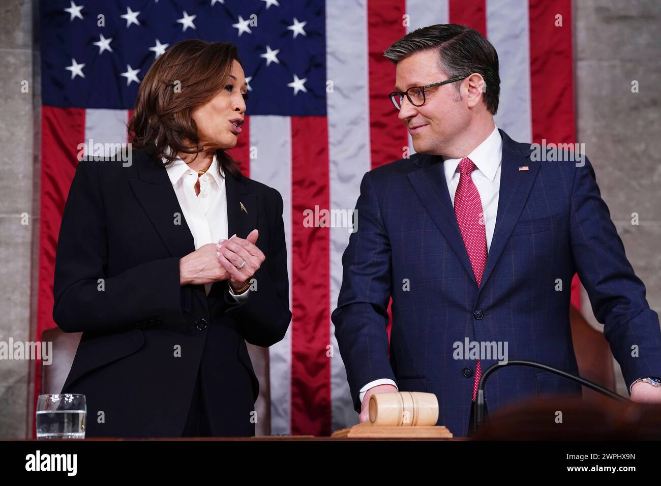 Vice President Kamala Harris, left, talks with House Speaker Mike ...
