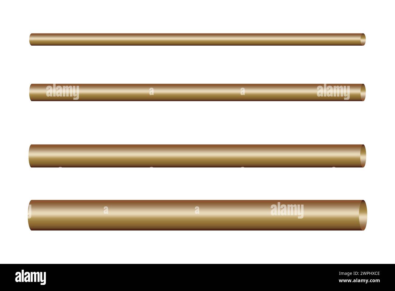 Golden rods in line. Polished metallic texture. Gradient cylindrical ...