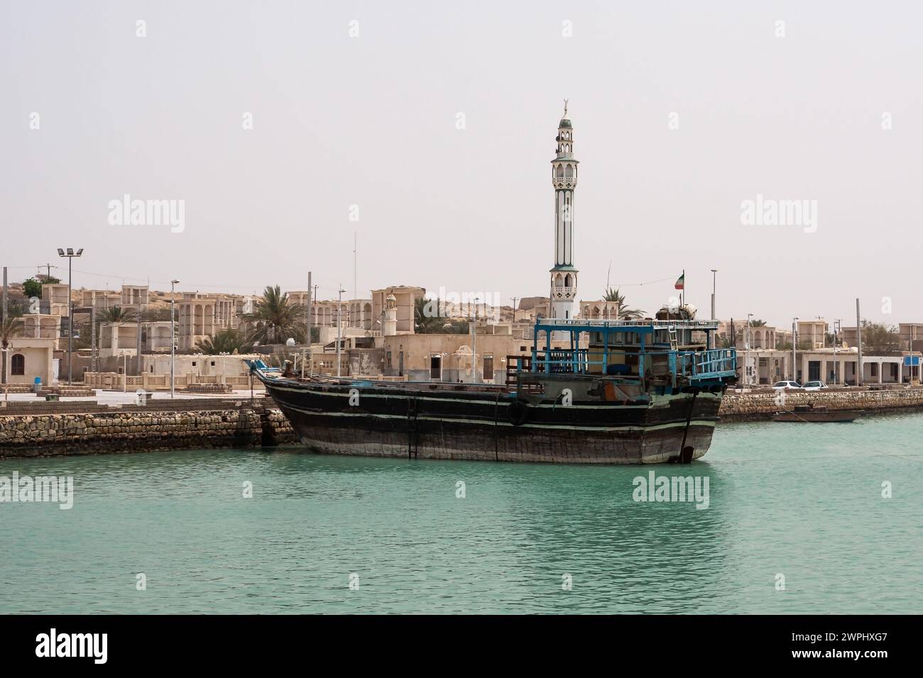 Old wooden ship in Gulf Bay near Laft village, Qeshm Island, Iran Stock ...