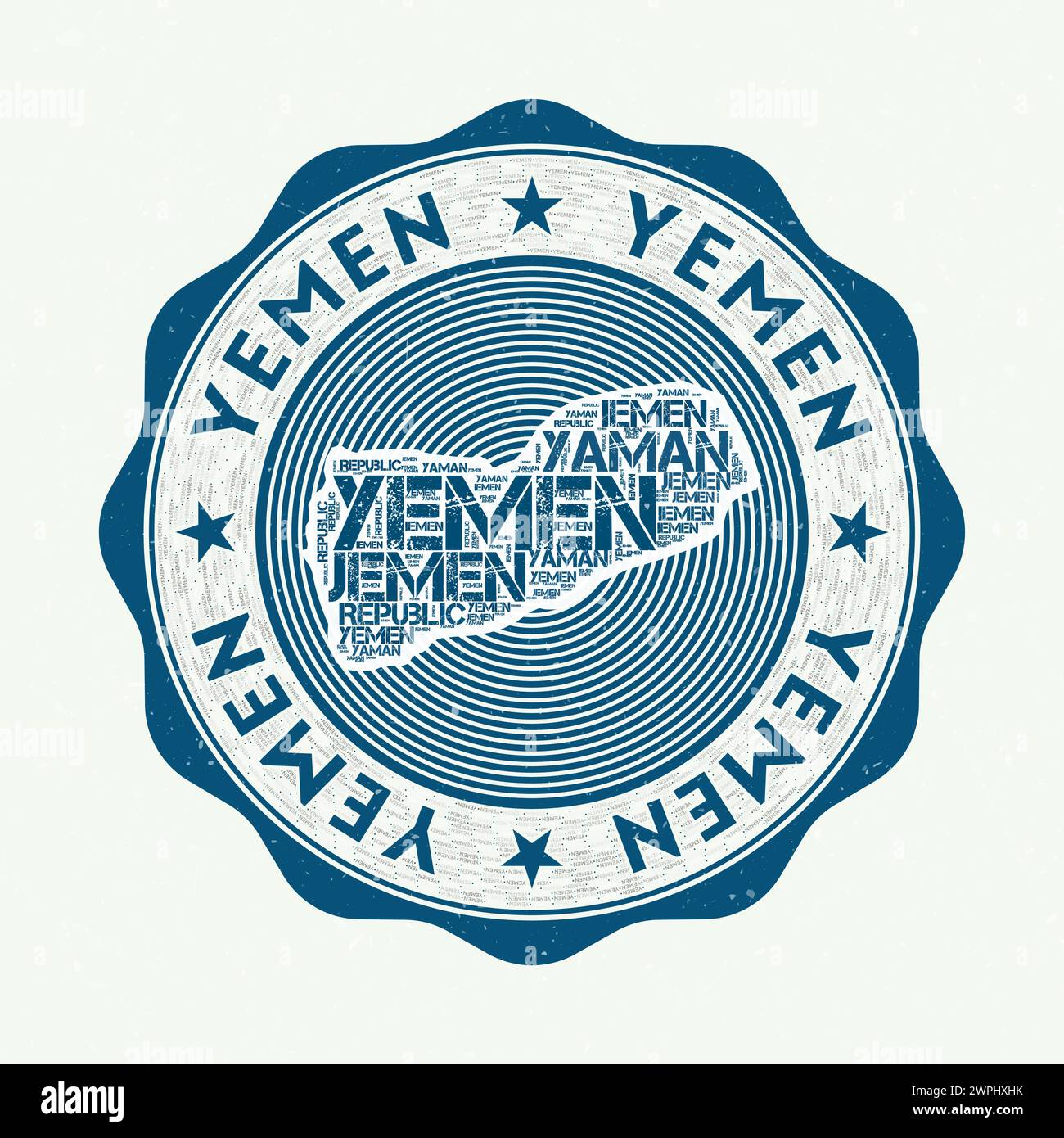 Yemen seal. Country round logo with shape of Yemen and country name in ...
