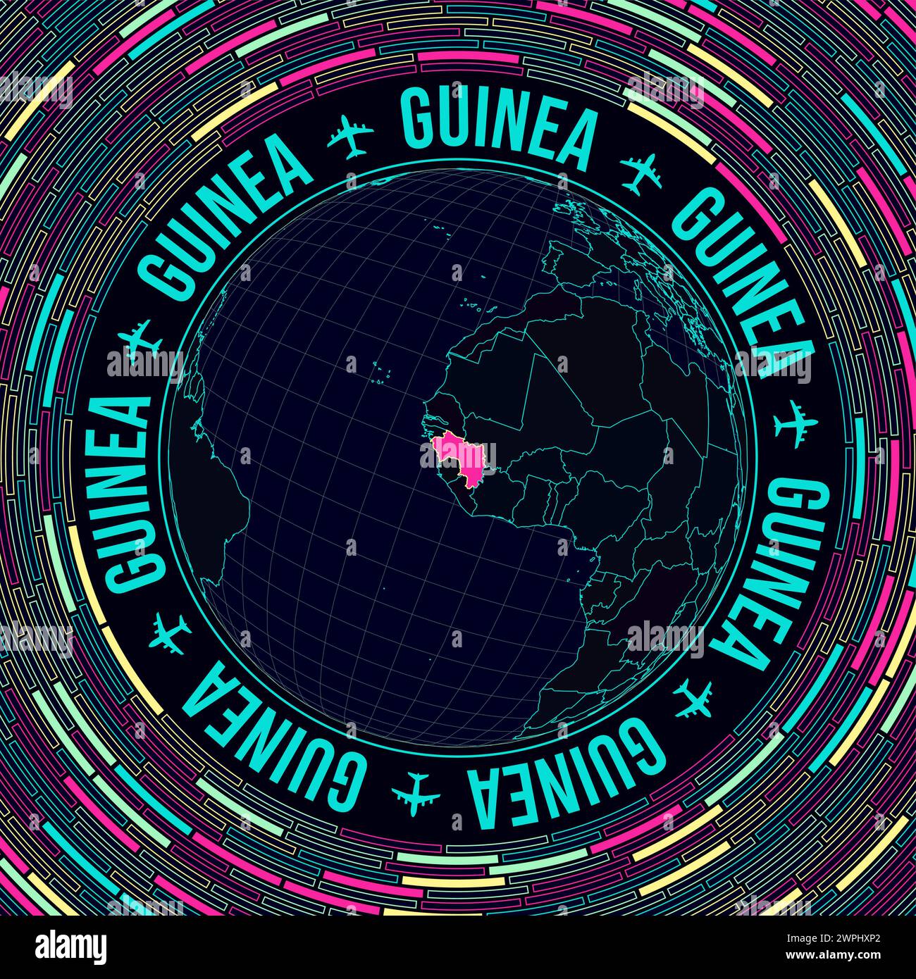 Guinea on globe. Satellite view of the world centered to Guinea. Bright ...