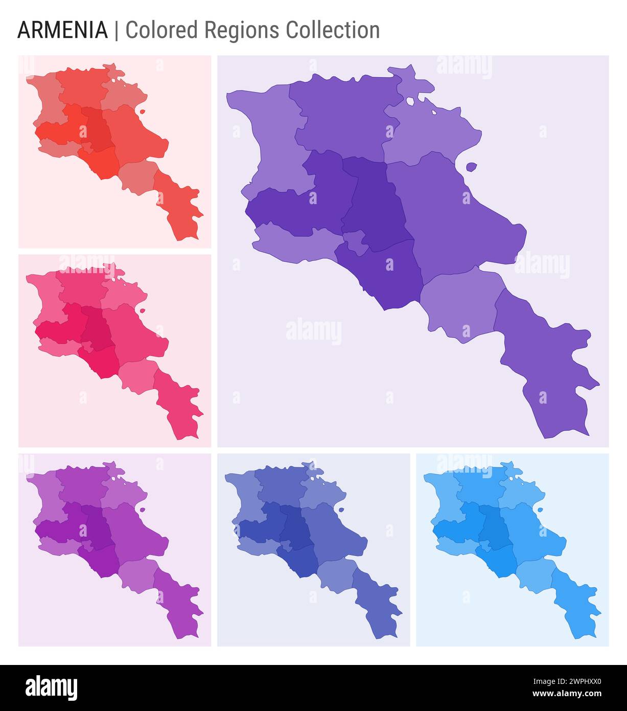 Armenia map collection. Country shape with colored regions. Deep purple ...