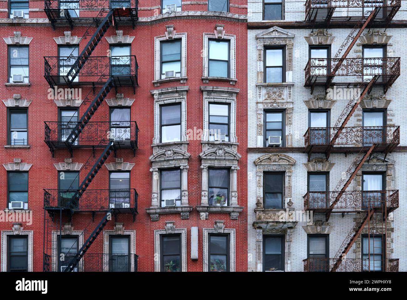New York City ornate old apartment buildings with external fire ladders ...