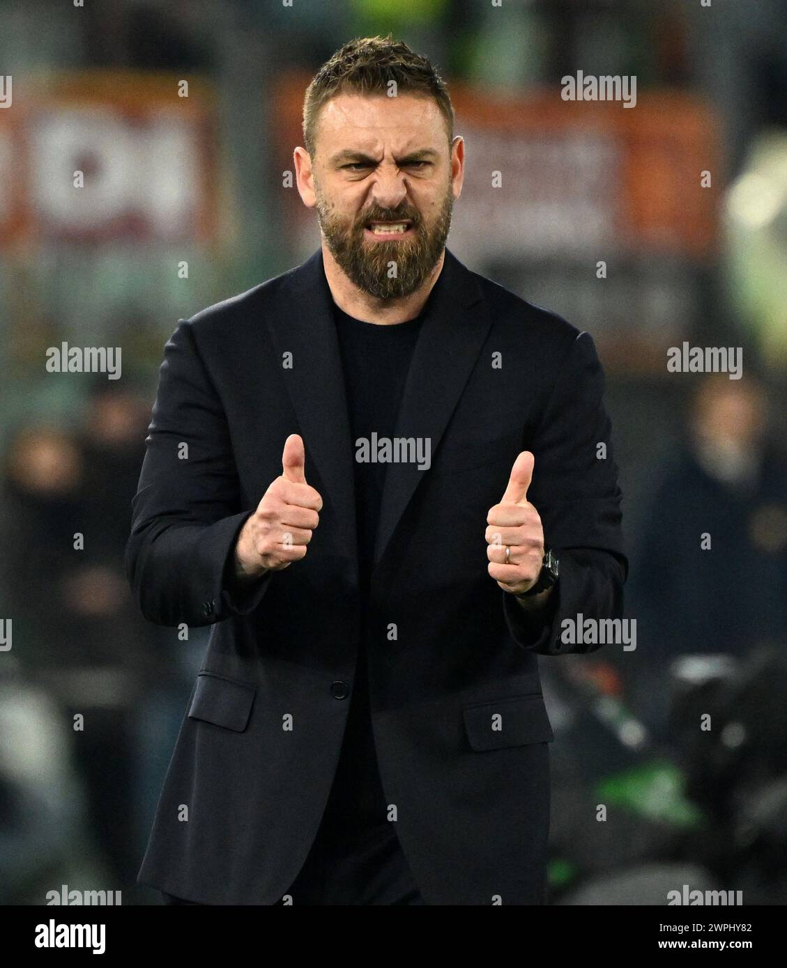 Rome, Italy. 7th Mar, 2024. Roma's head coach Daniele De Rossi reacts ...
