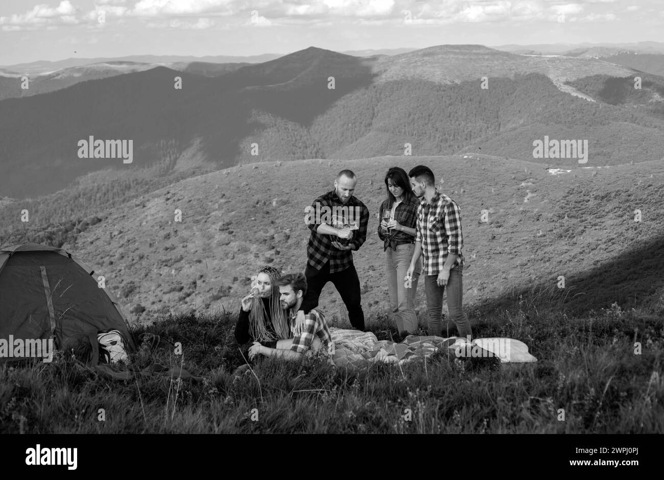 Group of people friends enjoy outdoor lifestyle activity nature camping ...