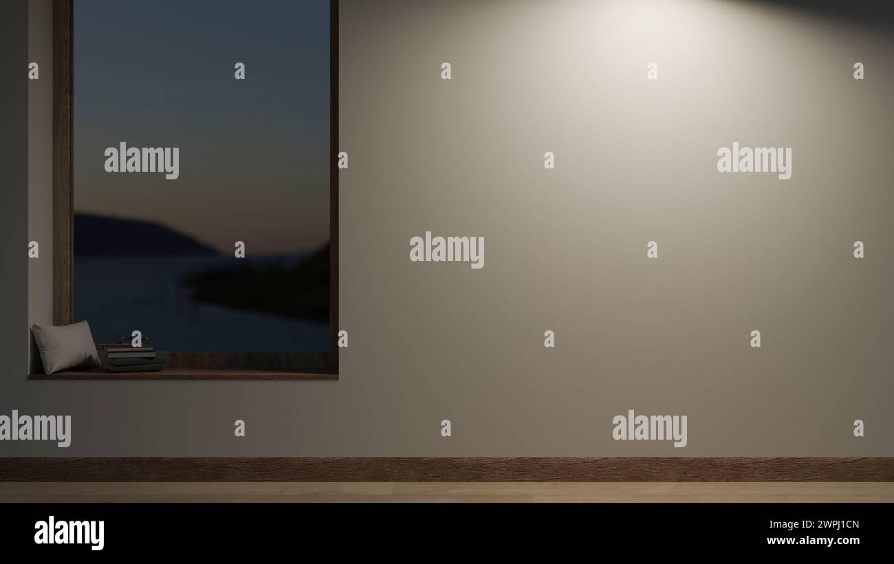 The interior design of a modern empty room at night features a pillow ...