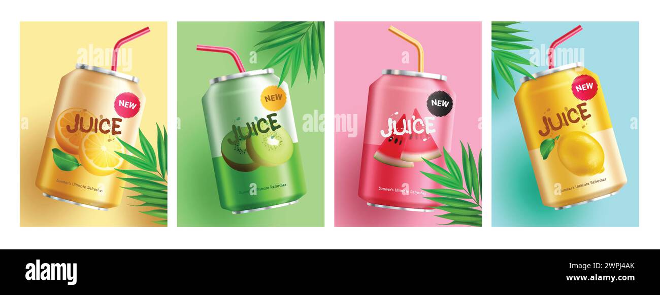 Summer juice drink vector set design. Juice drink in can collection ...