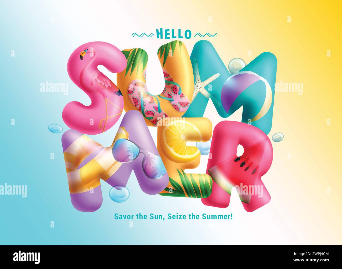Summer 3d text vector design. Hello summer three dimensional colorful ...