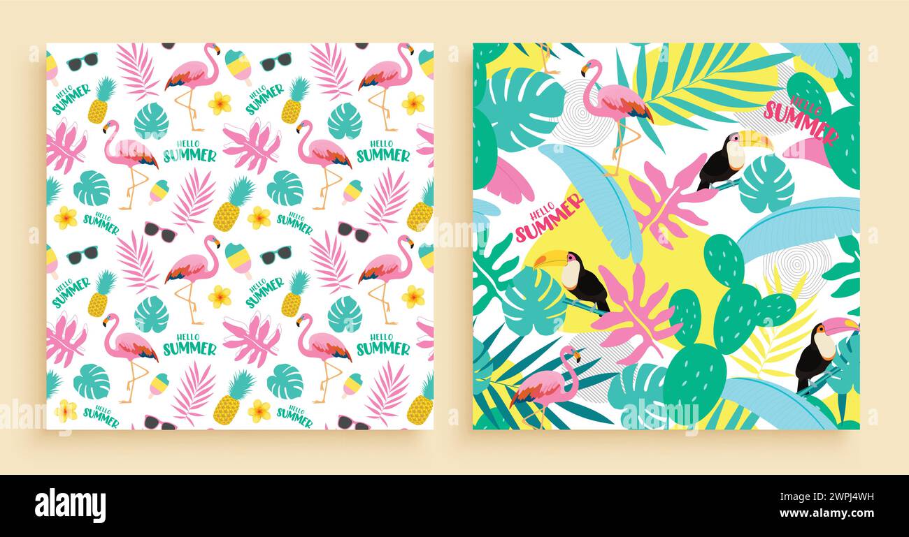 Summer seamless pattern vector poster set. Summer hello greeting with ...