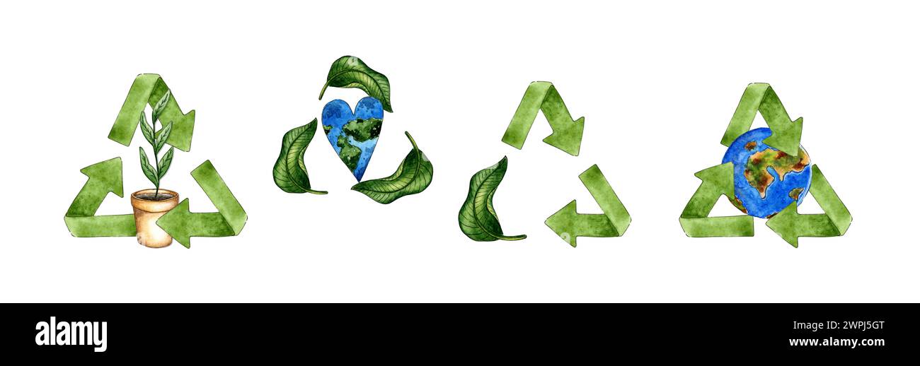 Set of watercolor illustrations of various green garbage recycling ...