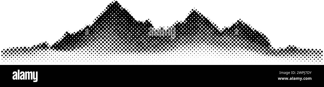 Grunge halftone mountain range. Black textured landscape terrain ...