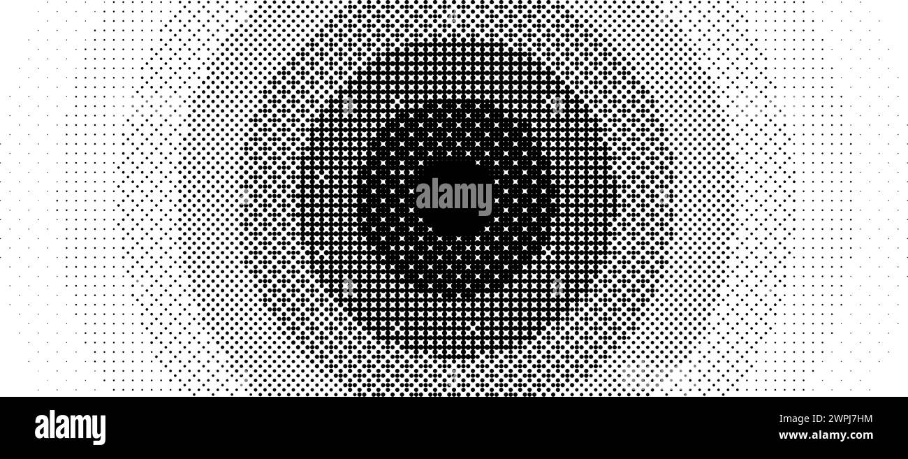 Radial pixelated gradient texture. Black and white dithered round gradation. Retro circle video ...