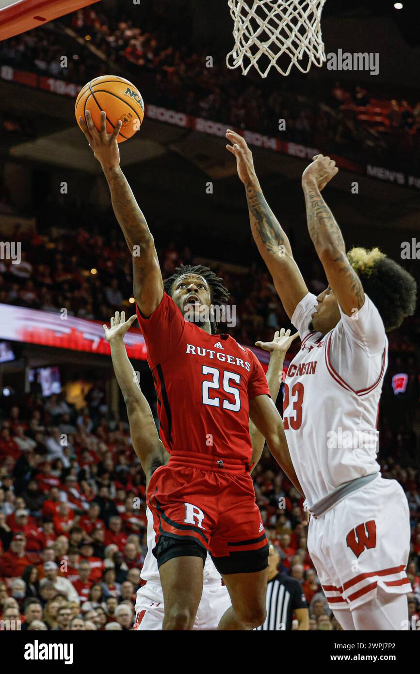 Madison, WI, USA. 7th Mar, 2024. Rutgers Scarlet Knights guard Jeremiah Williams (25) makes a ...