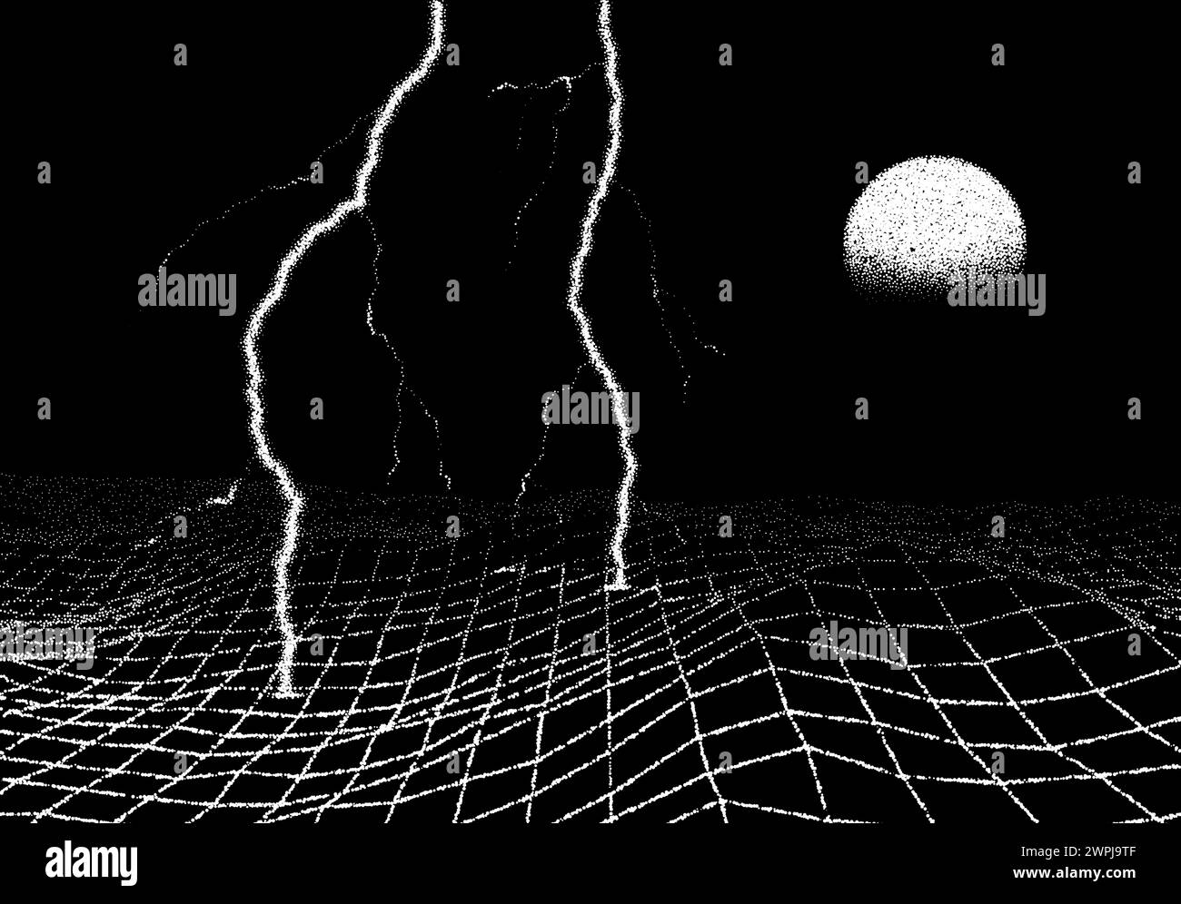 Space landscape with lightning strike in retro book style. Dotwork ...