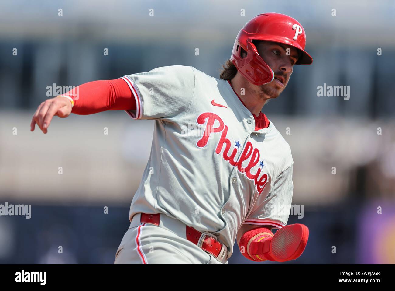 Port Charlotte, FL: Philadelphia Phillies second baseman Bryson Stott (5) rounds third and head ...