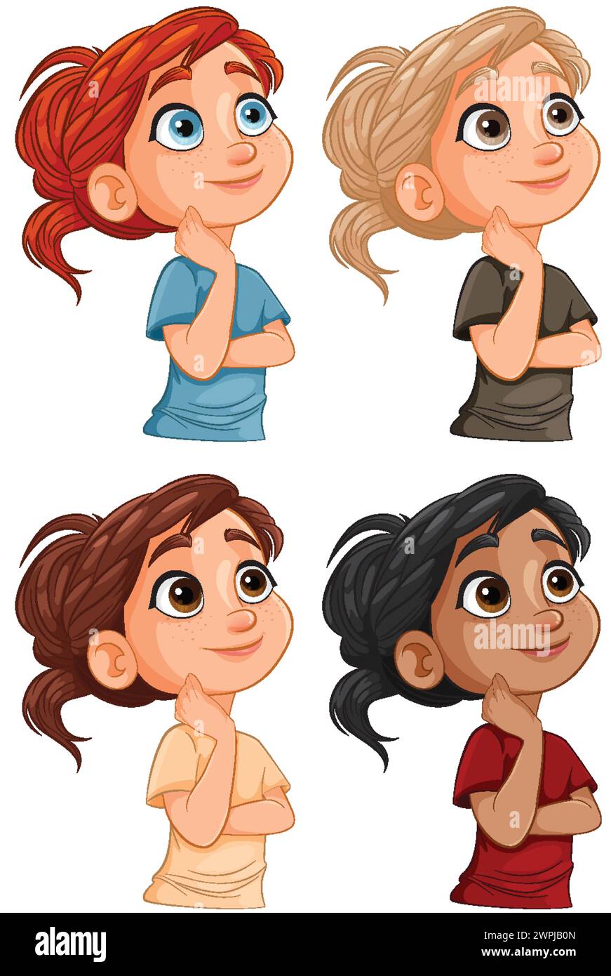 Four cartoon girls pondering with curious expressions Stock Vector ...