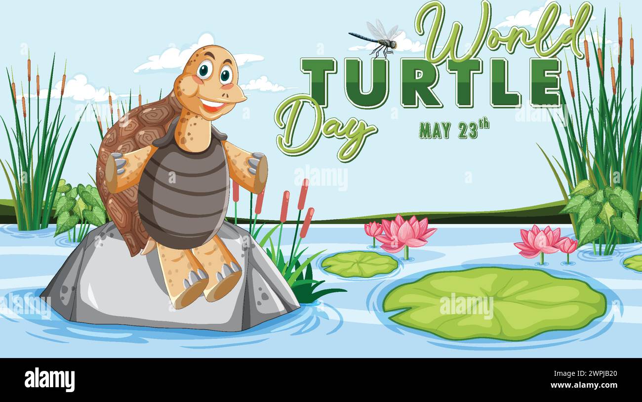 Cheerful turtle on a rock celebrating World Turtle Day Stock Vector ...