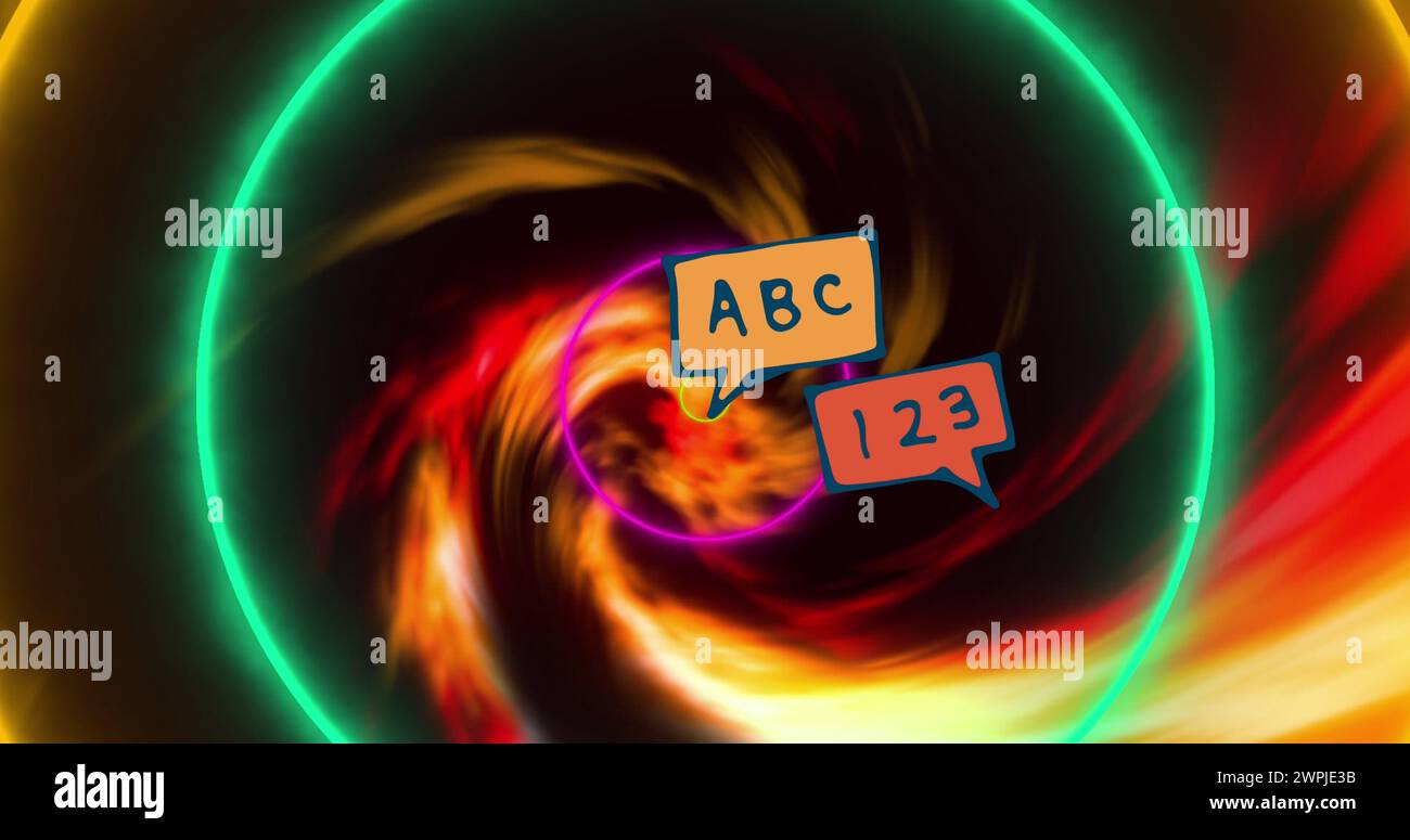 Image of abc 123 over neon circles on black background. Back to school ...