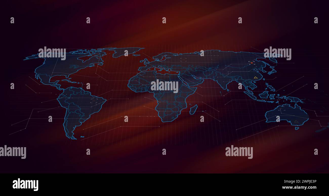 Image of world map and icons over dark red and black background Stock ...