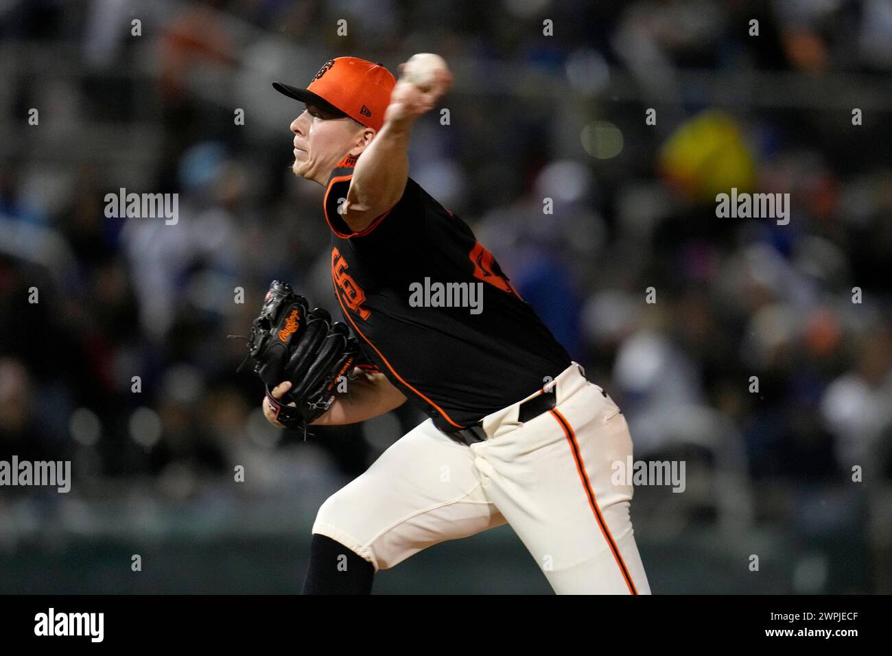 San Francisco Giants starting pitcher Kyle Harrison warms up prior to a ...