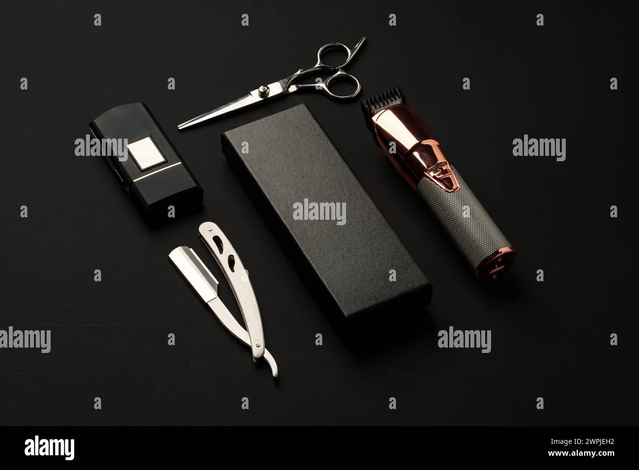 Tools for barbershop on black background studio shot Stock Photo - Alamy